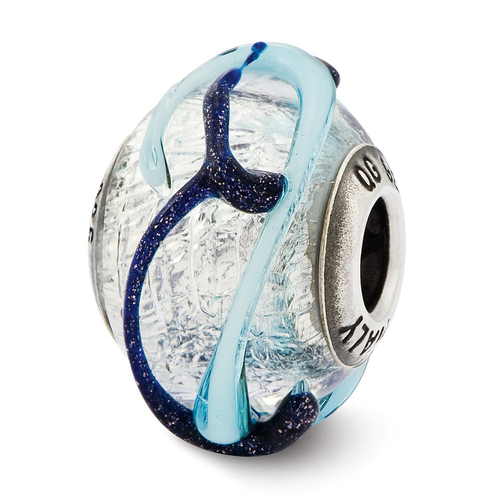 Sterling Silver Italian Silver w/Blue Textured Lines Glass Bead Charm ...