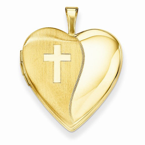 14k Gold 20mm Polished Satin w/ Cross Heart Locket | CharmsToTreasure ...